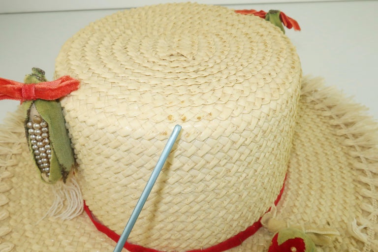 White Straw Raffia Trim Novelty Hat With Strawberries, 1950's For Sale ...