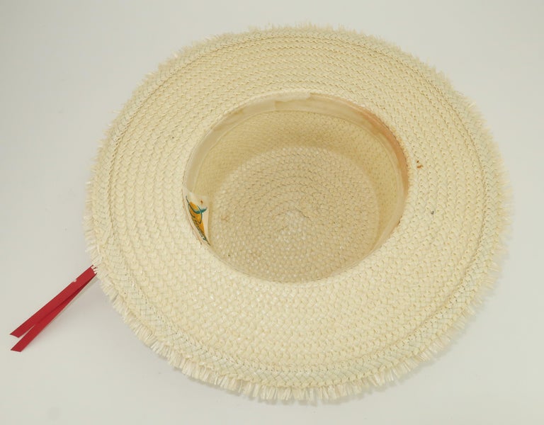 White Straw Raffia Trim Novelty Hat With Strawberries, 1950's For Sale ...