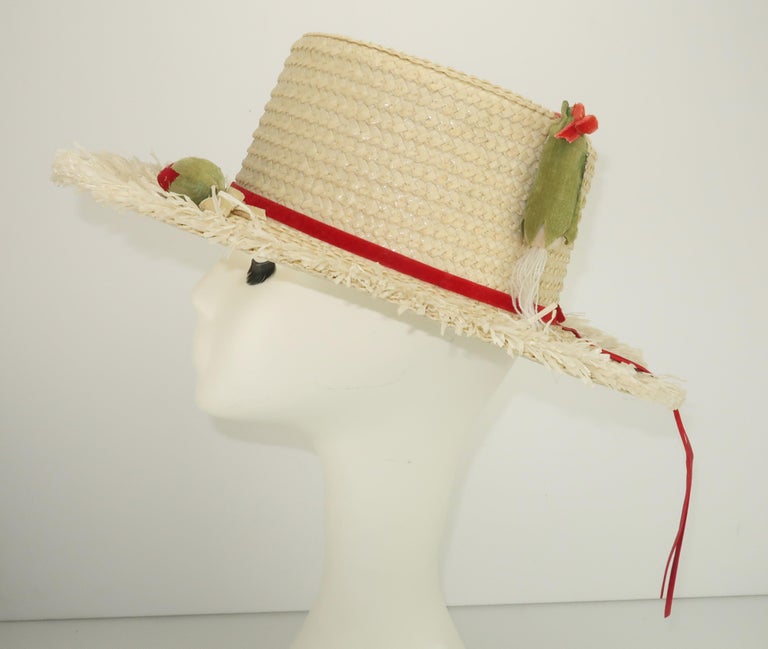 White Straw Raffia Trim Novelty Hat With Strawberries, 1950's For Sale ...