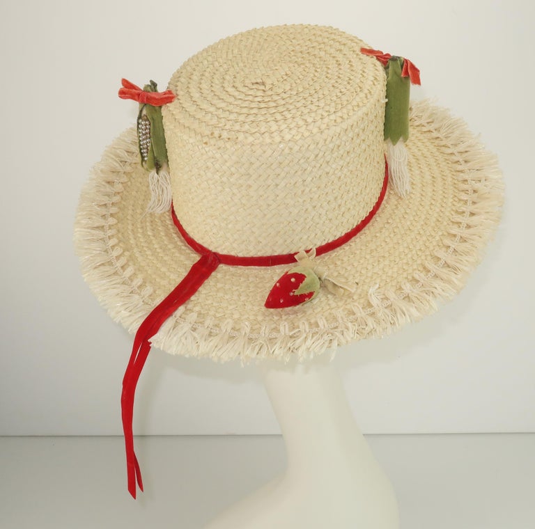 White Straw Raffia Trim Novelty Hat With Strawberries, 1950's For Sale ...