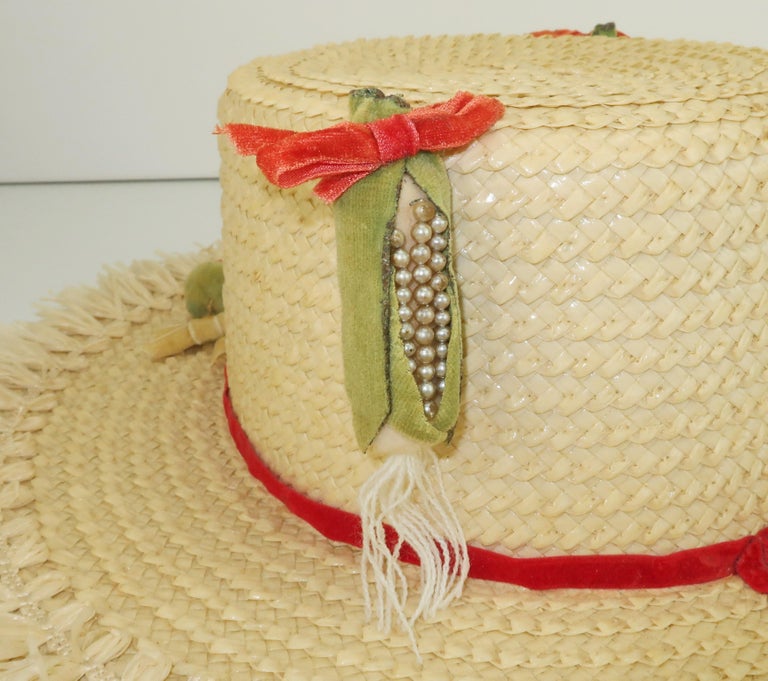 White Straw Raffia Trim Novelty Hat With Strawberries, 1950's For Sale ...