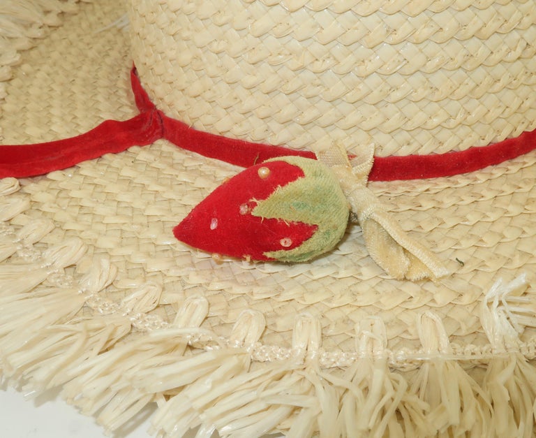 White Straw Raffia Trim Novelty Hat With Strawberries, 1950's For Sale ...