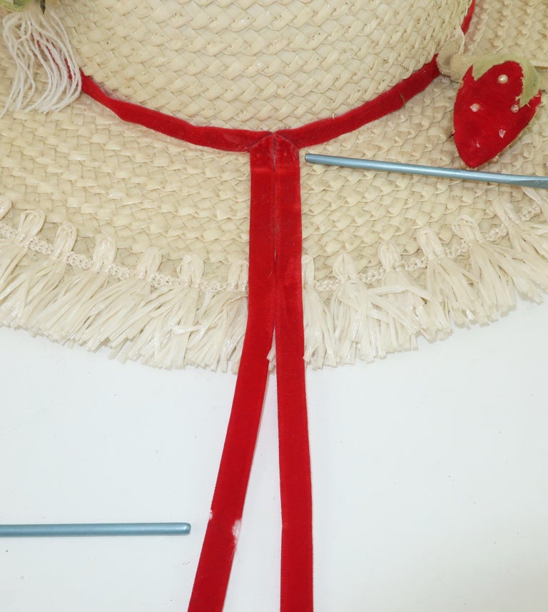 White Straw Raffia Trim Novelty Hat With Strawberries, 1950's For Sale ...