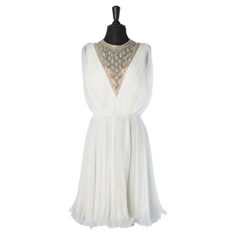 White sunray pleated cocktail dress with embroideries on neckline Jack ...