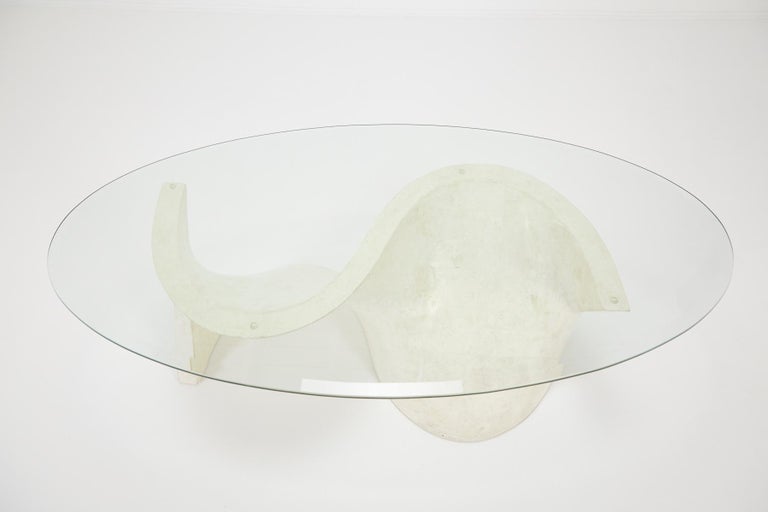 White Tessellated Stone Coffee Table with Glass Top and Wavy Base ...