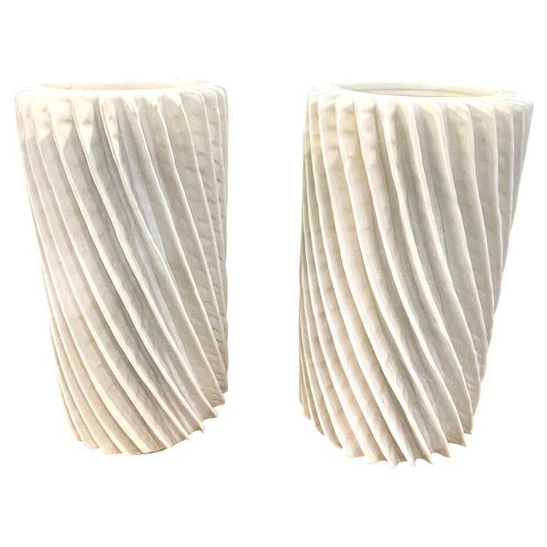 White Textured Rib Porcelain Pair Of Vases, Italy, Mid Century For Sale ...