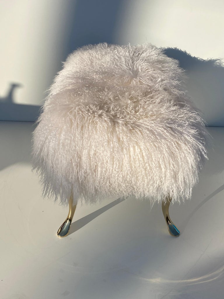 White Tibetan Fur Bench with Brass Legs For Sale at 1stDibs
