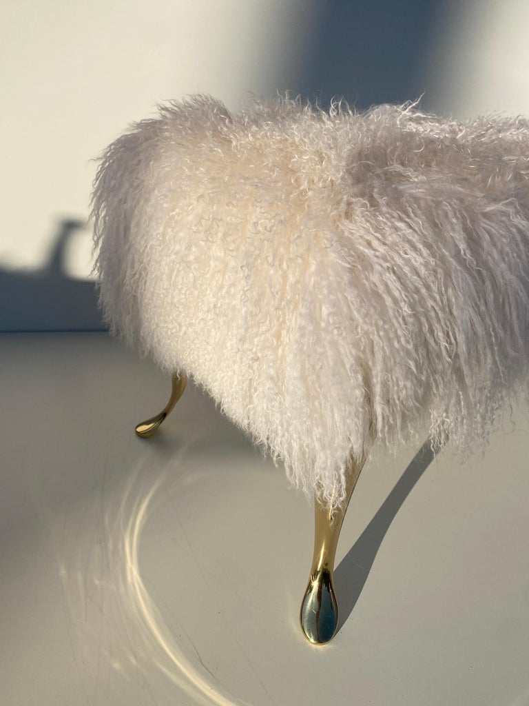 White Tibetan Fur Bench with Brass Legs For Sale at 1stDibs