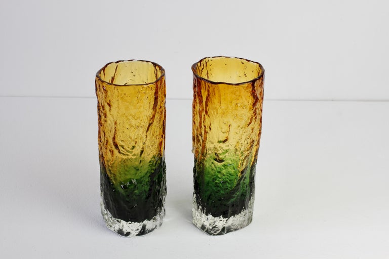 Whitefriars Style Pair of Vintage 1970s Green and Yellow Bark Textured ...