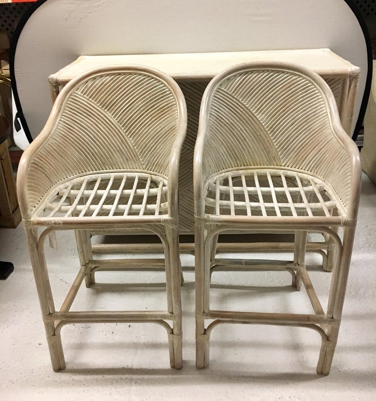Whitewashed Palm Beach Bamboo Three-Piece Bar Table, Two Stools Set For ...