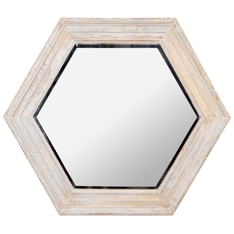 Whitewashed Wood Hexagonal Mirror For Sale at 1stDibs