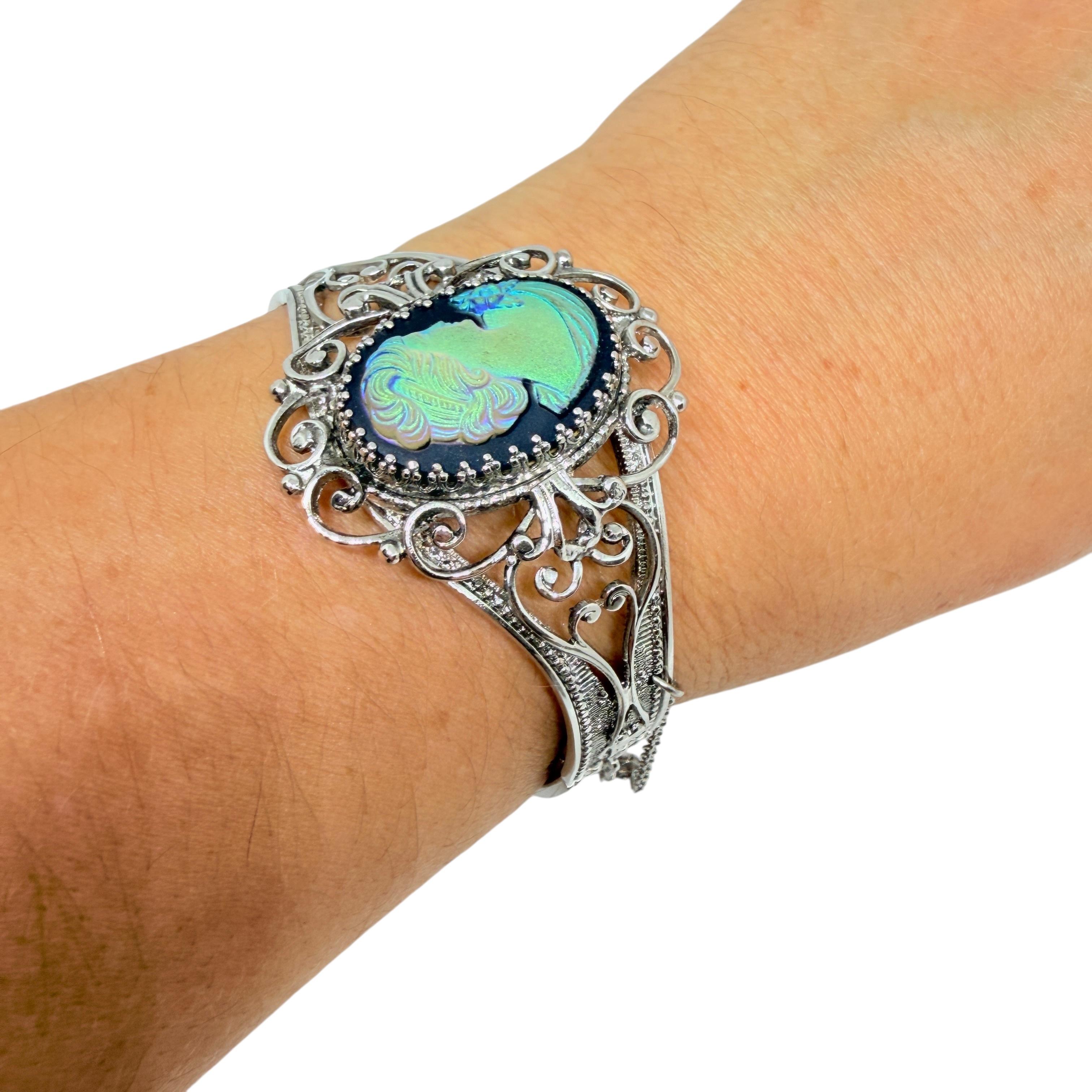 WHITING DAVIS signed vintage silver tone glass cameo designer bracelet ...