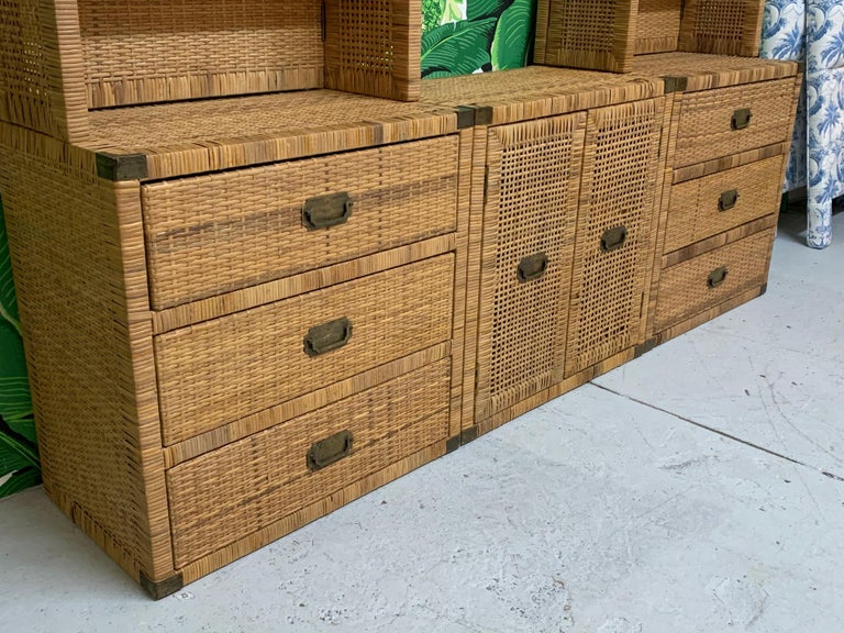 Wicker and Brass 3-Piece Wall Unit at 1stDibs