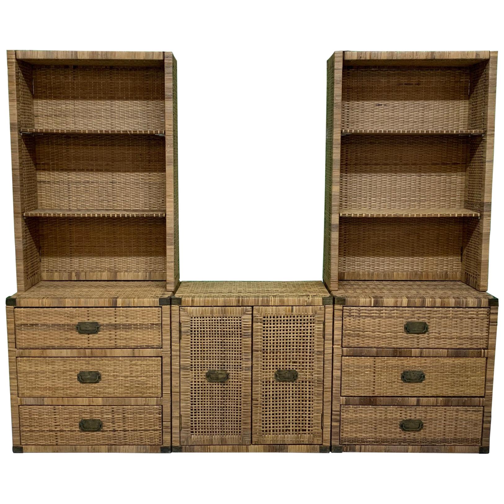 Wicker and Brass 3-Piece Wall Unit at 1stDibs | wicker wall unit