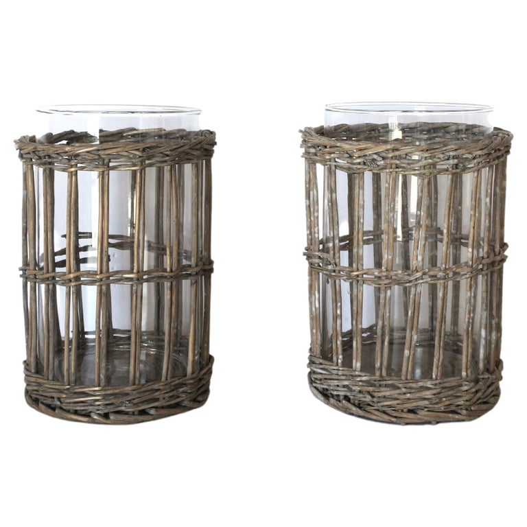 Wicker and Glass Hurrican Candle Lamps, Pair For Sale at 1stDibs