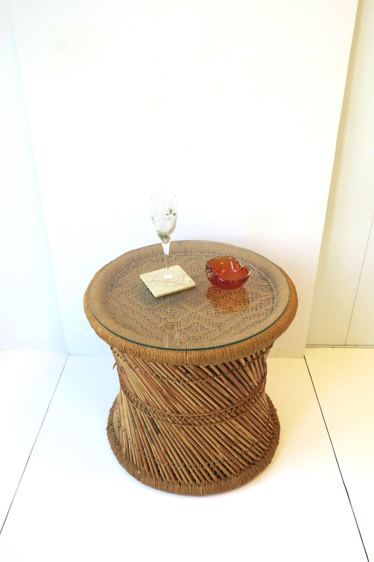 Wicker Pencil Reed Stool or Side Drinks Table with Glass Top For Sale ...