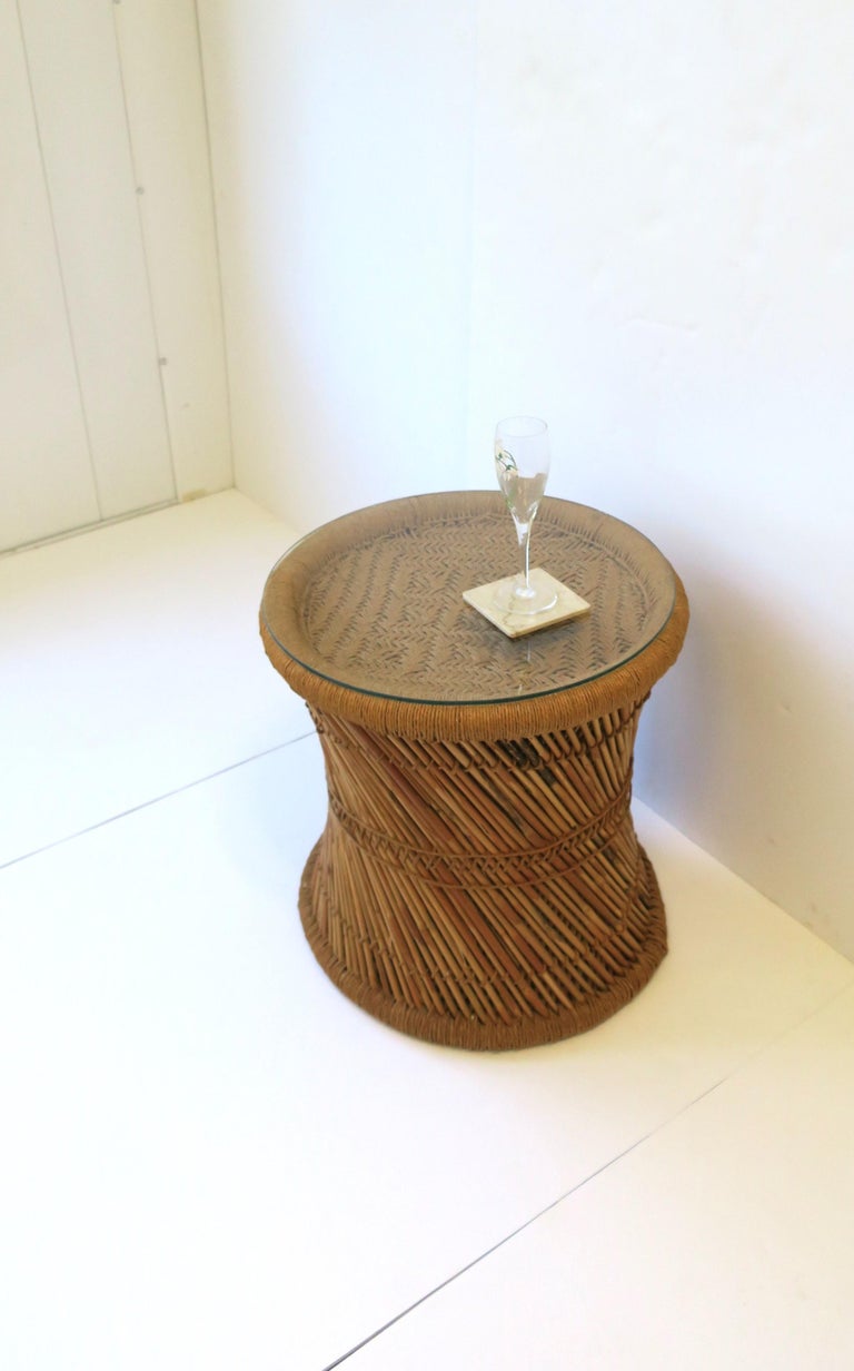 Wicker Pencil Reed Stool or Side Drinks Table with Glass Top For Sale ...