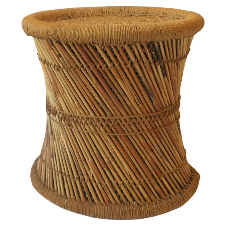 Wicker and Glass Pencil Reed Side Drinks Table or Stool For Sale at 1stDibs