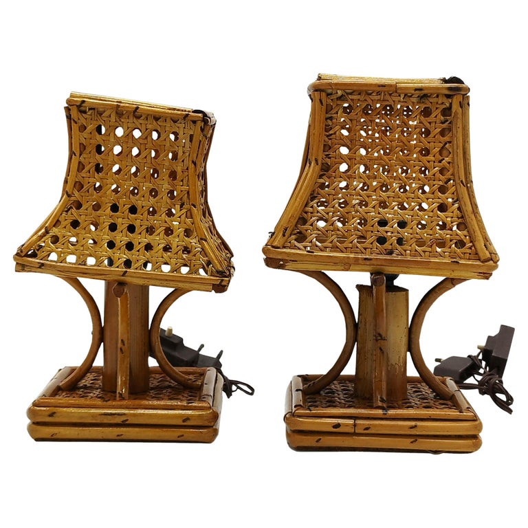 Wicker and Rattan Pair of Table Lamps, Italy, 1960s For Sale at 1stDibs