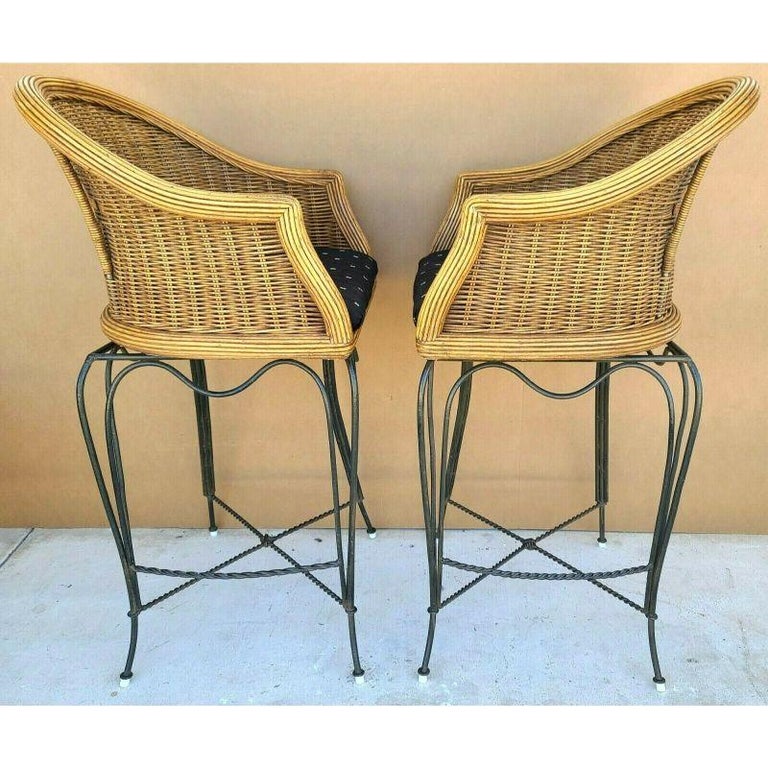 Wicker Bamboo Swivel Barstools - a Pair For Sale at 1stDibs