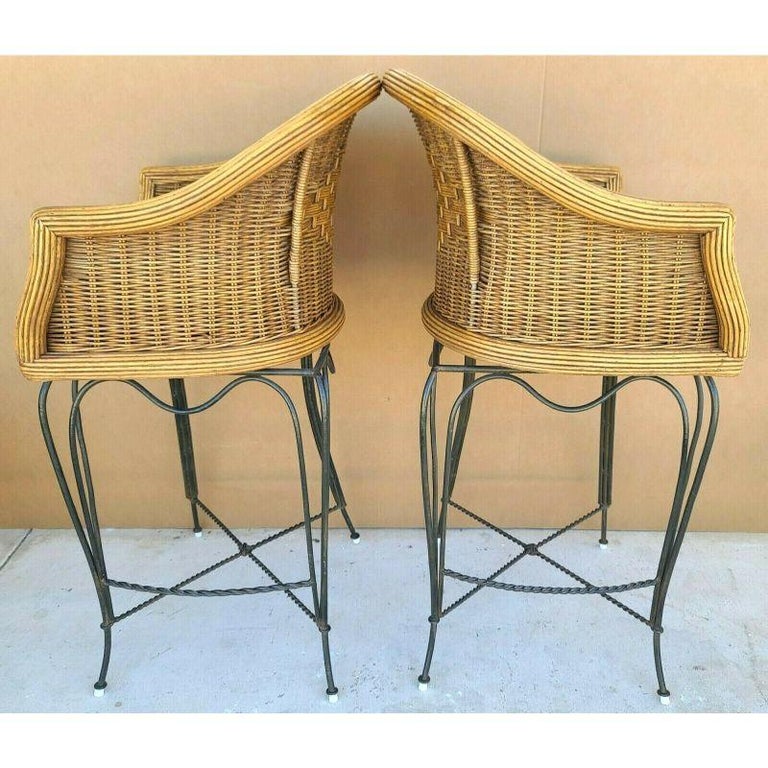 Wicker Bamboo Swivel Barstools - a Pair For Sale at 1stDibs