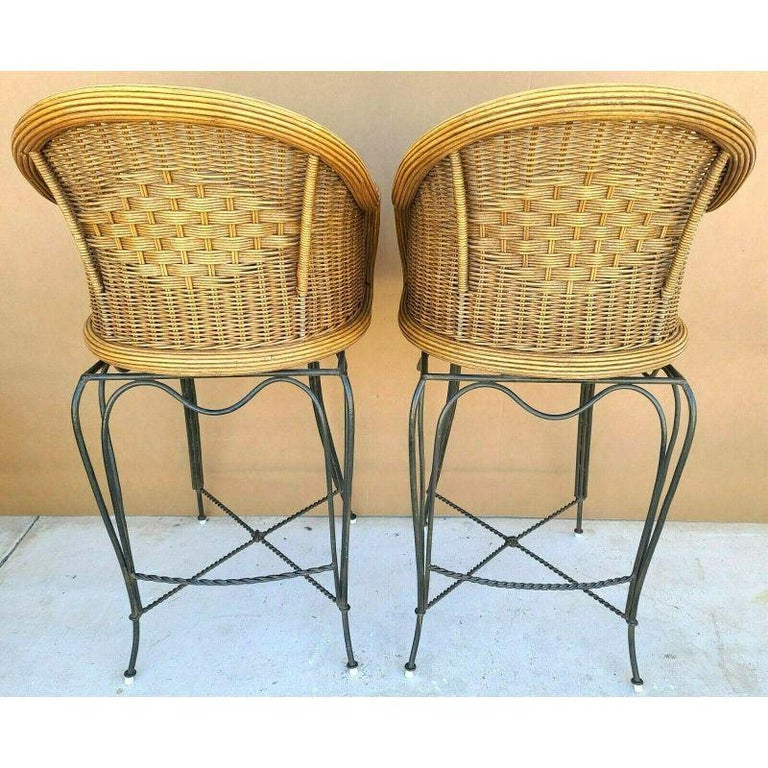 Wicker Bamboo Swivel Barstools - a Pair For Sale at 1stDibs