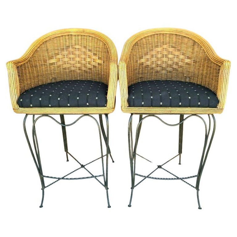 Wicker Bamboo Swivel Barstools - a Pair For Sale at 1stDibs