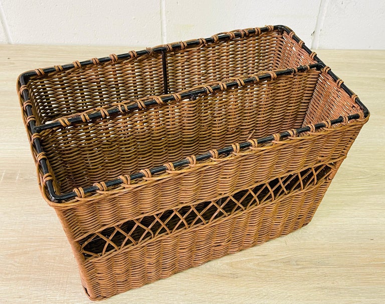 Wicker and Black Metal Magazine Holder For Sale at 1stDibs