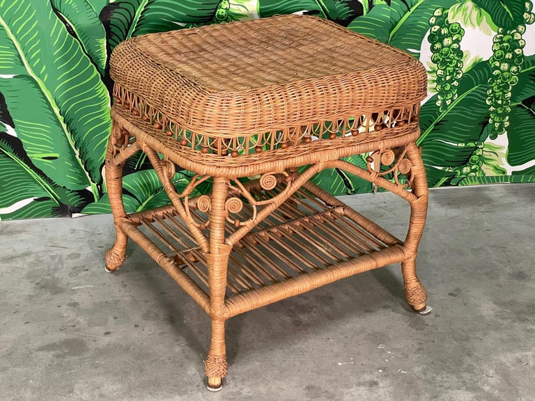 Wicker Fiddlehead Style Foot Stool or Ottoman in the Manner of Heywood ...