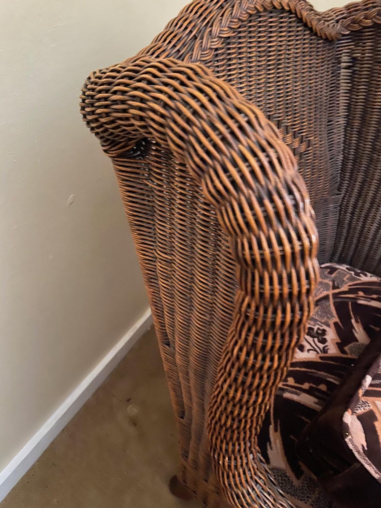 Wicker High Back Art Deco Chair and Stool with Original Fabric For Sale ...