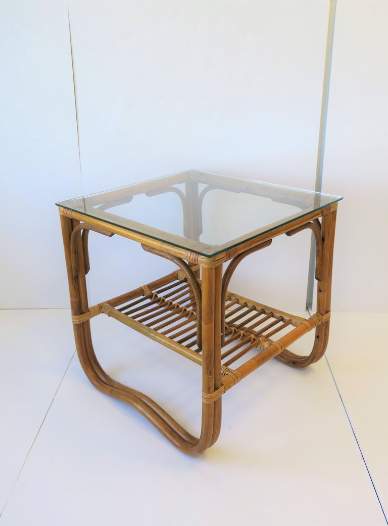 Wicker Rattan and Glass Square End Table For Sale at 1stDibs