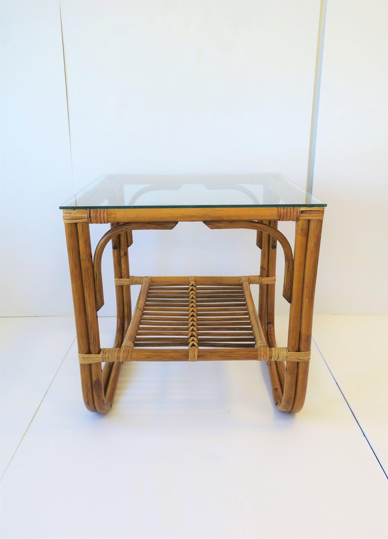 Wicker Rattan and Glass Square End Table For Sale at 1stDibs