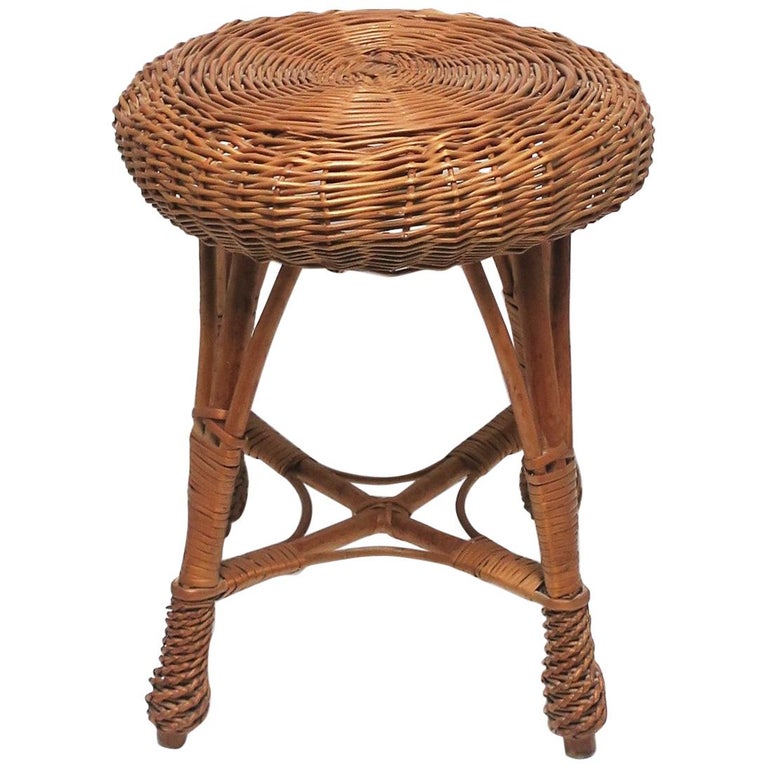 Wicker Rattan and Wood Stool at 1stDibs