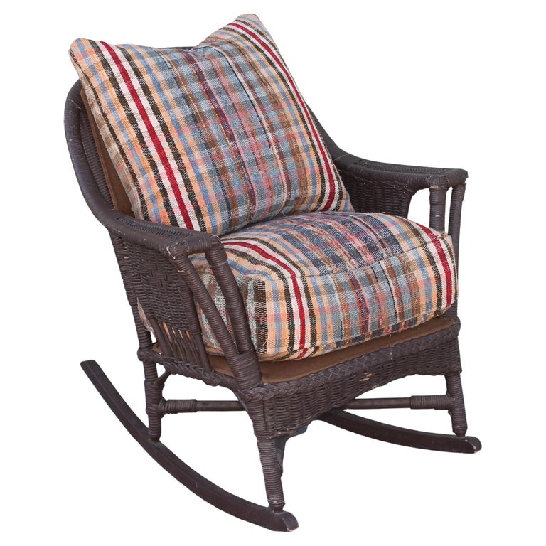 Wicker Rocking Chair with Rag Rug Cushion and Pillow at 1stDibs