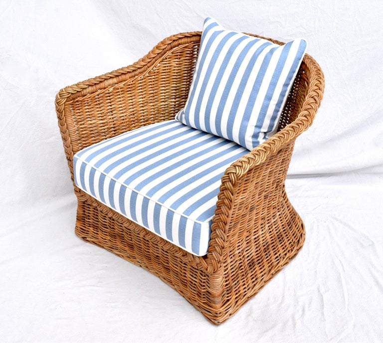 Wicker Works Braided Wicker Rattan Arm Chairs in Blue and White Linen ...
