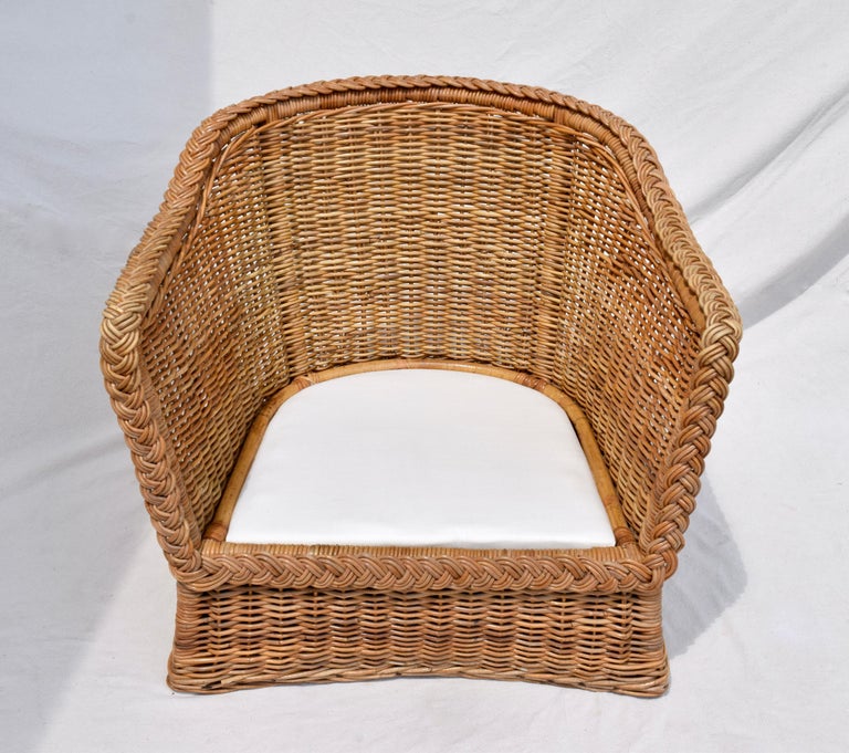 Wicker Works Braided Wicker Rattan Arm Chairs in Blue and White Linen ...