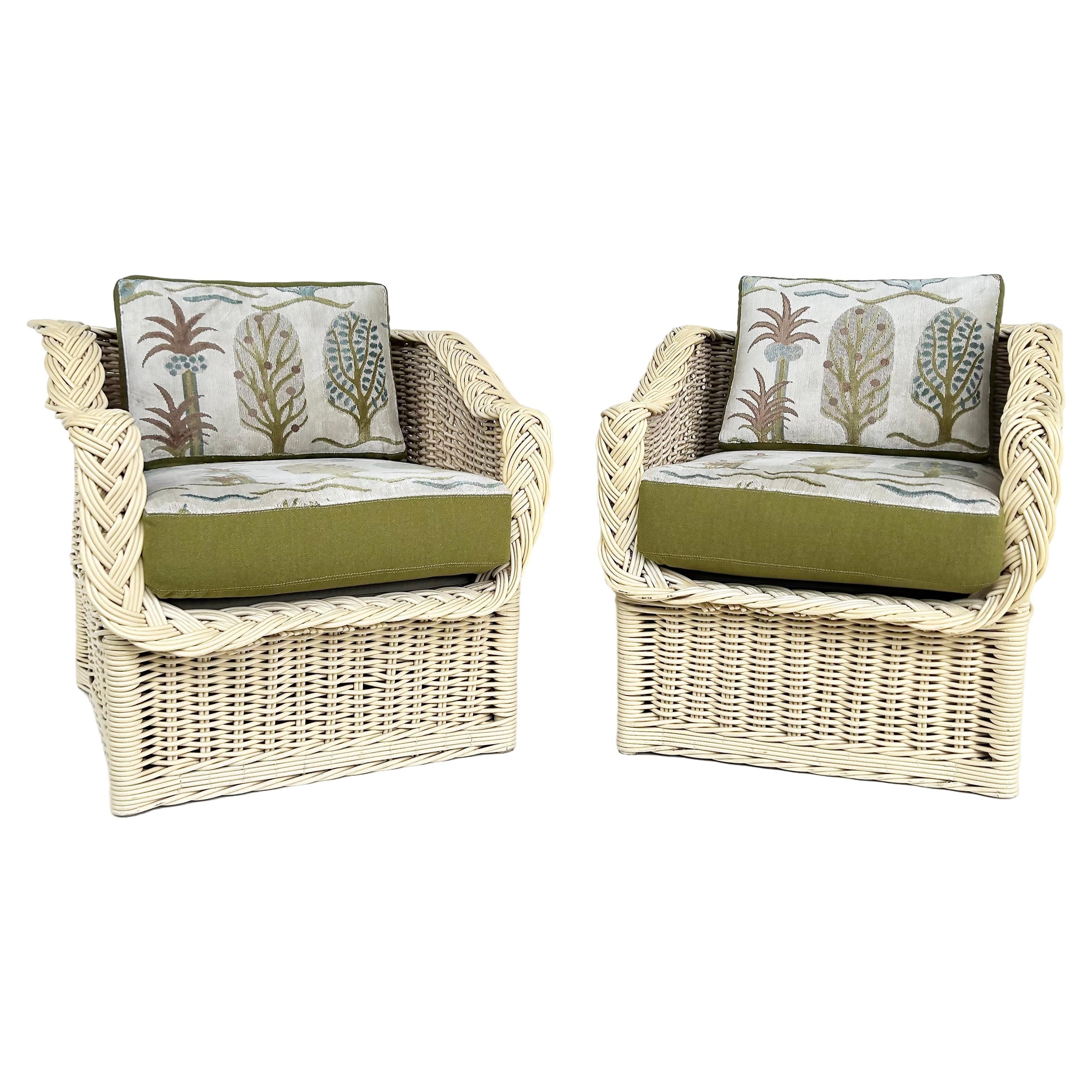 Henry Link Coastal Newly Upholstered Rattan Club Chairs, Painted Pair ...