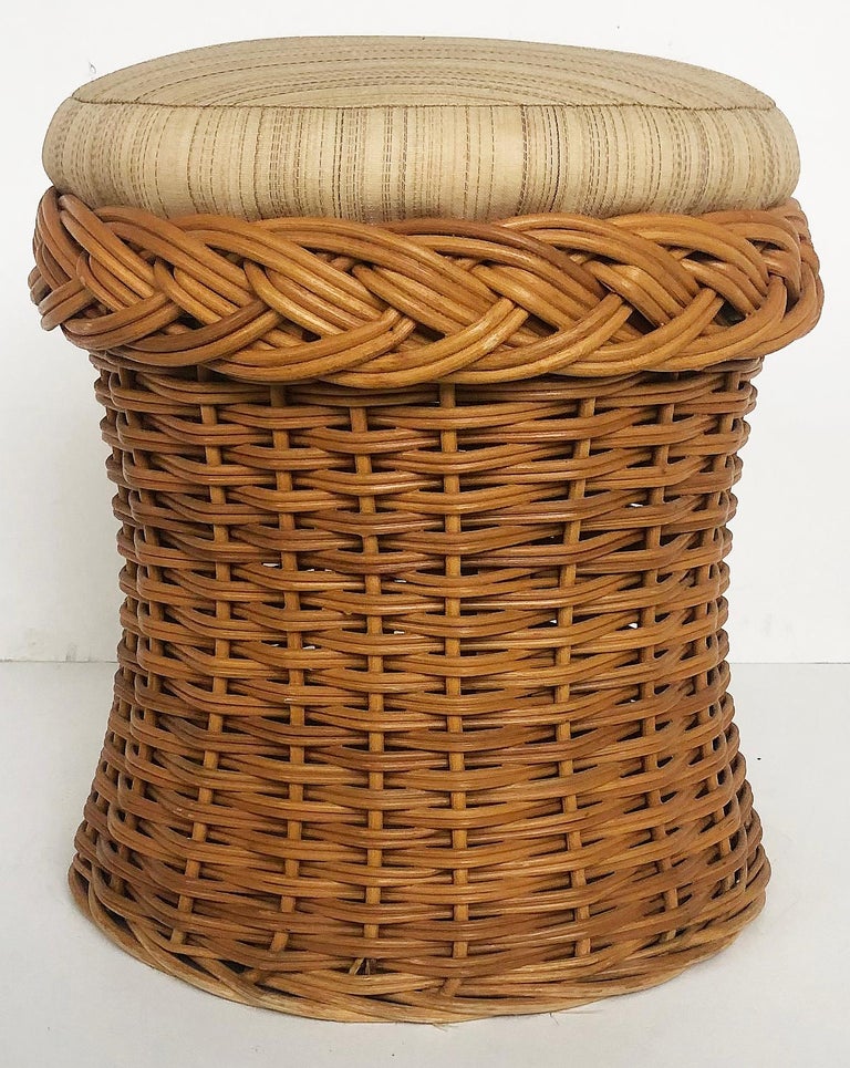 Wicker Works Rattan Stool with Upholstered Seat Cushion For Sale at ...