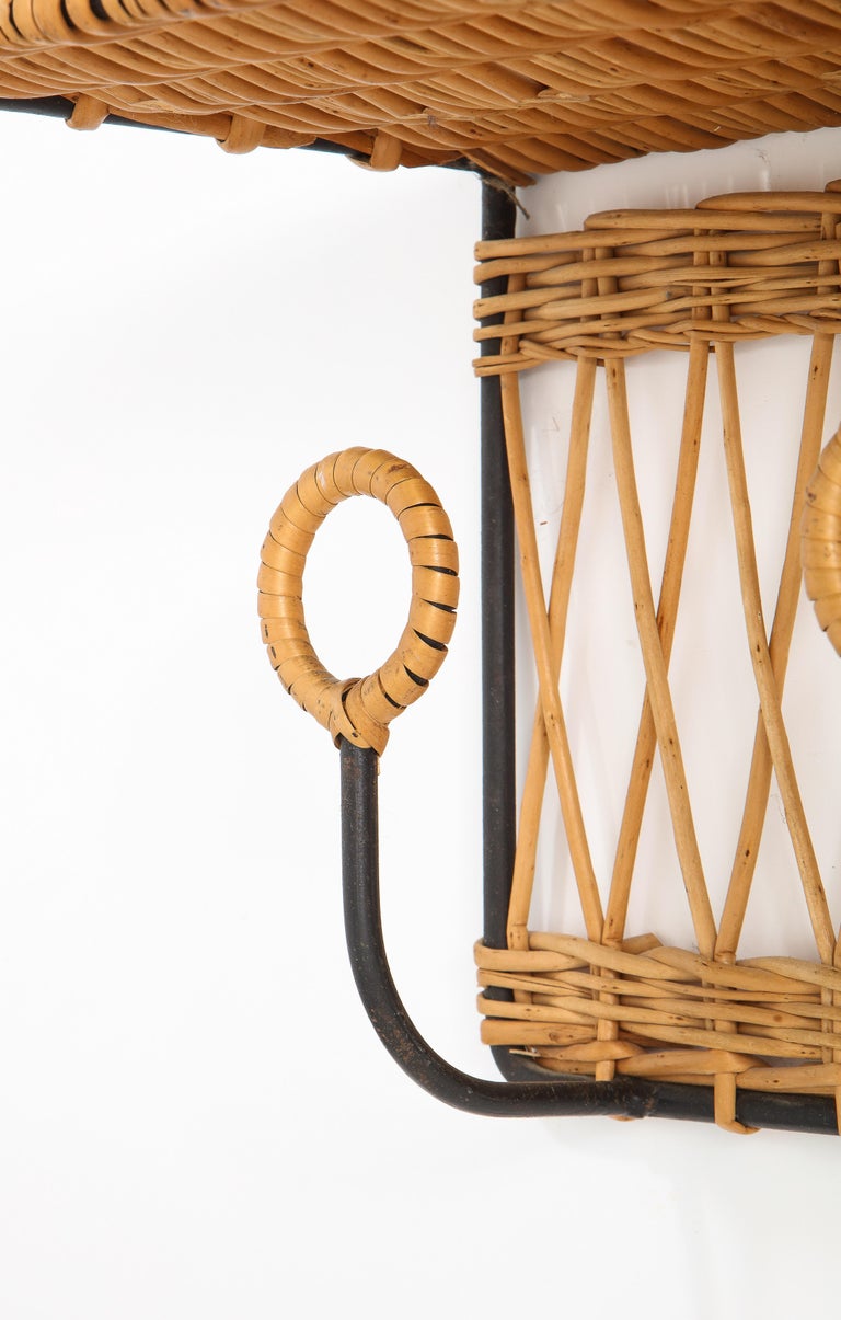Wicker and Wrought Iron Coatrack Shelf, France 1960's For Sale at 1stDibs