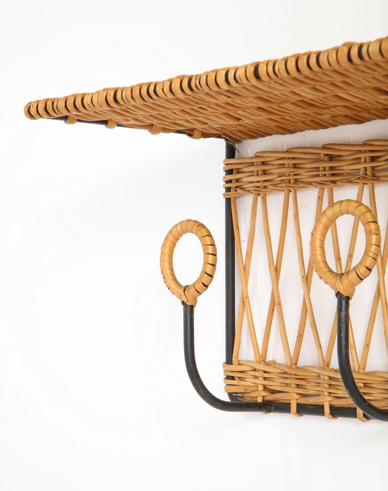 Wicker and Wrought Iron Coatrack Shelf, France 1960's For Sale at 1stDibs