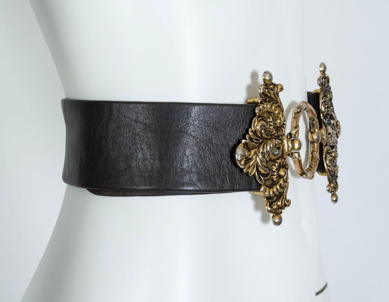 Wide Adjustable Brown Leather Statement Belt w Rococo Gold Buckle – XS ...
