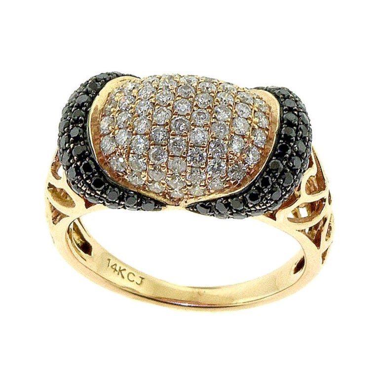 Wide Band Diamond and Black Diamond Yellow Gold Ring at 1stDibs