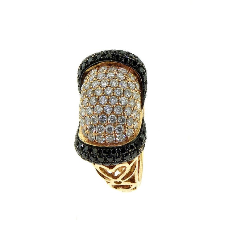 Wide Band Diamond and Black Diamond Yellow Gold Ring at 1stDibs