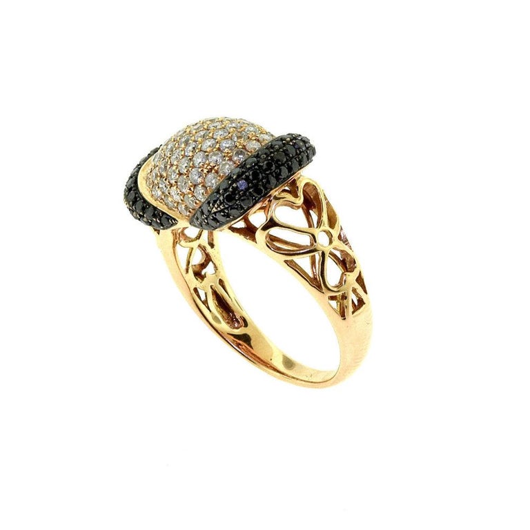 Wide Band Diamond and Black Diamond Yellow Gold Ring at 1stDibs