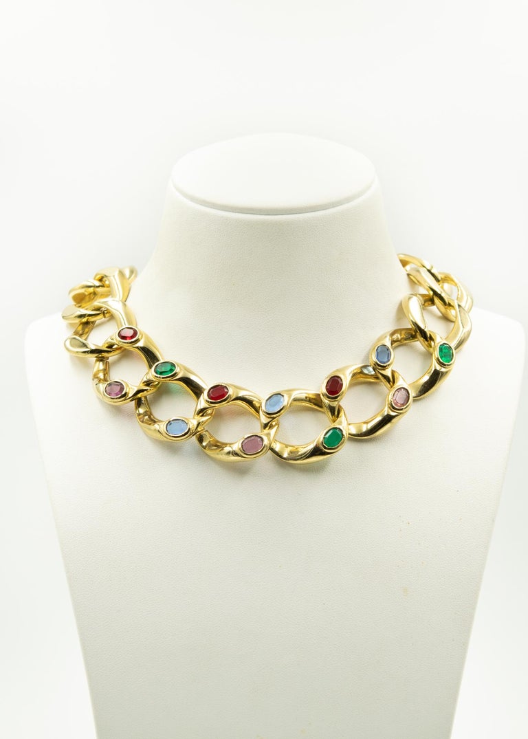 Wide Chain Link Gold Tone with Colored Crystal Necklace For Sale at 1stDibs