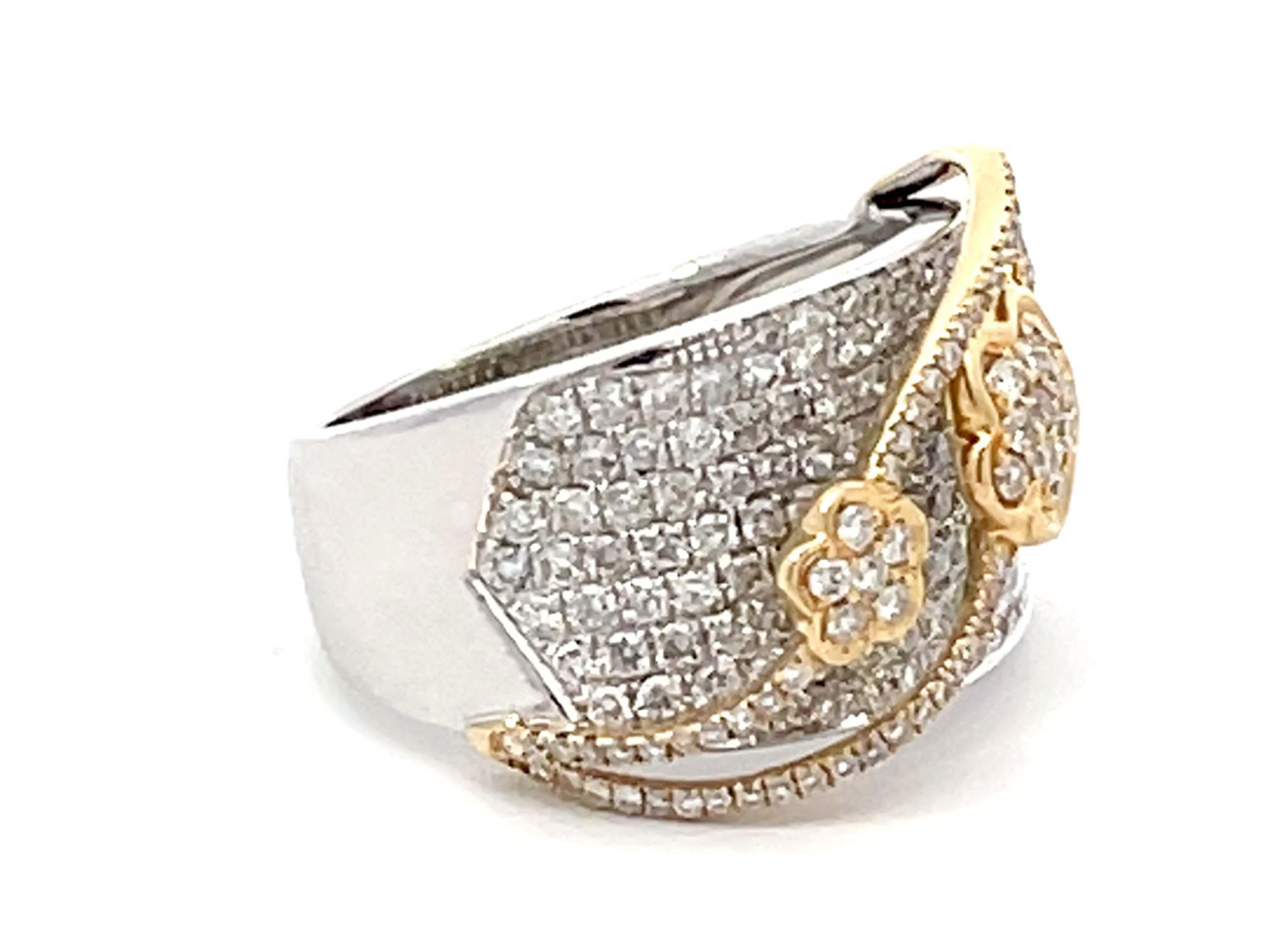 Wide Diamond Band Ring with Flowers 18k Gold For Sale at 1stDibs