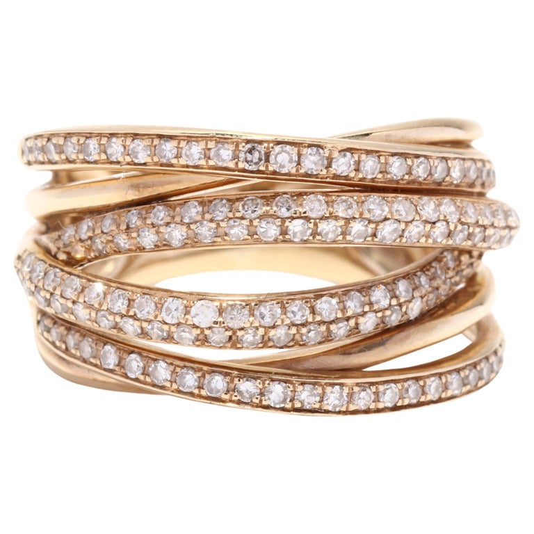 Wide Diamond Crossover Ring, 14K Yellow Gold, Ring, Diamond at 1stDibs