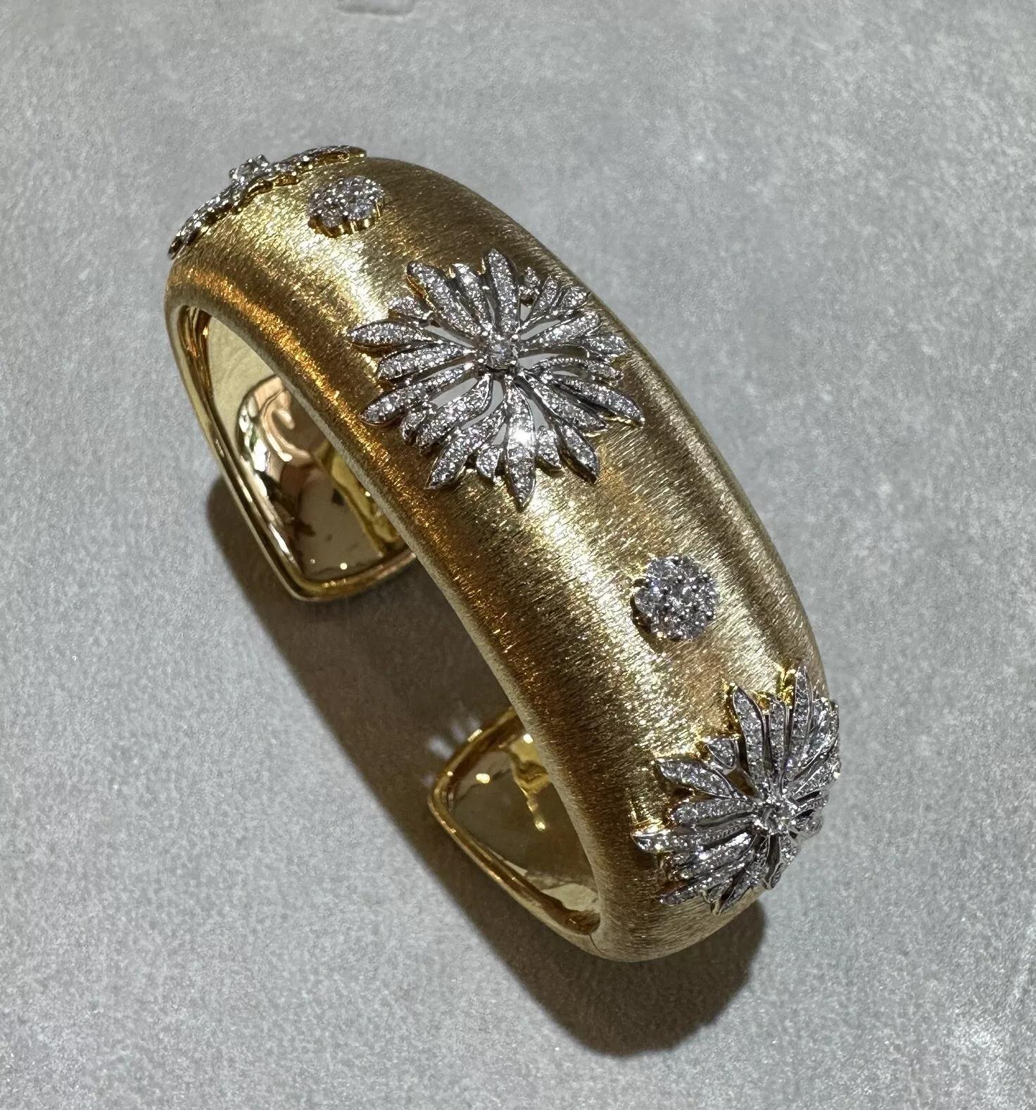 Wide Diamond Cuff Bracelet in Textured 18k Yellow and White Gold For ...