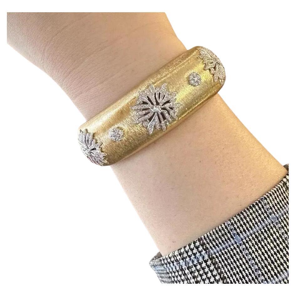 Wide Diamond Cuff Bracelet in Textured 18k Yellow and White Gold For ...