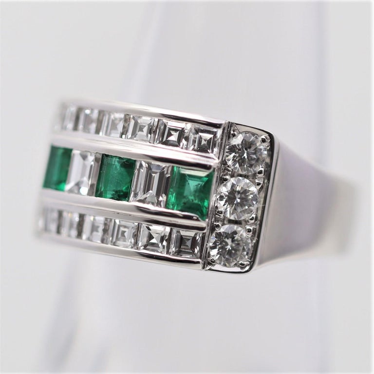 Wide Diamond Emerald Platinum Band Ring For Sale at 1stDibs
